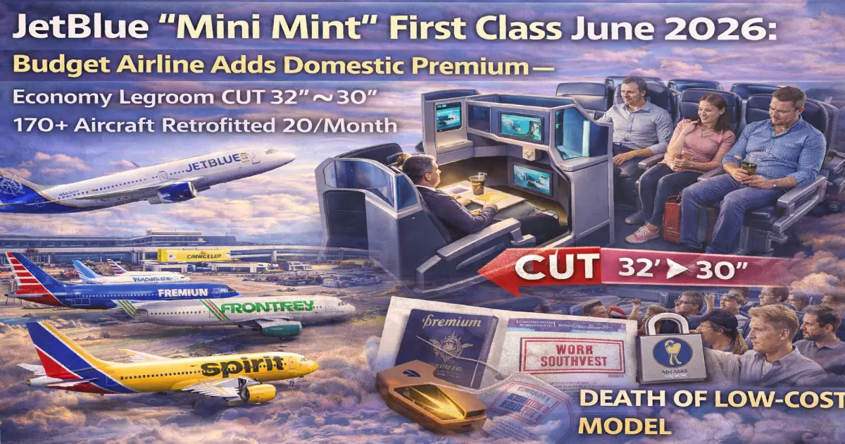 JetBlue Mini Mint June 2026: Economy Cut 32"→30", First Class
