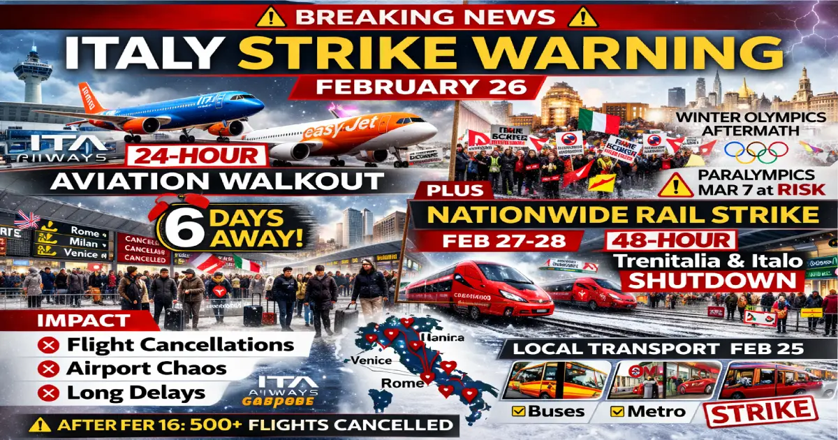 Italy Strike Feb 26: ITA/easyJet 24hr + Rail 48hr Feb 27-28