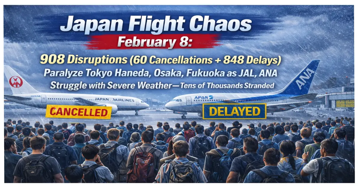 Japan Flight Chaos Feb 8: 908 Disruptions Hit Tokyo, Osaka