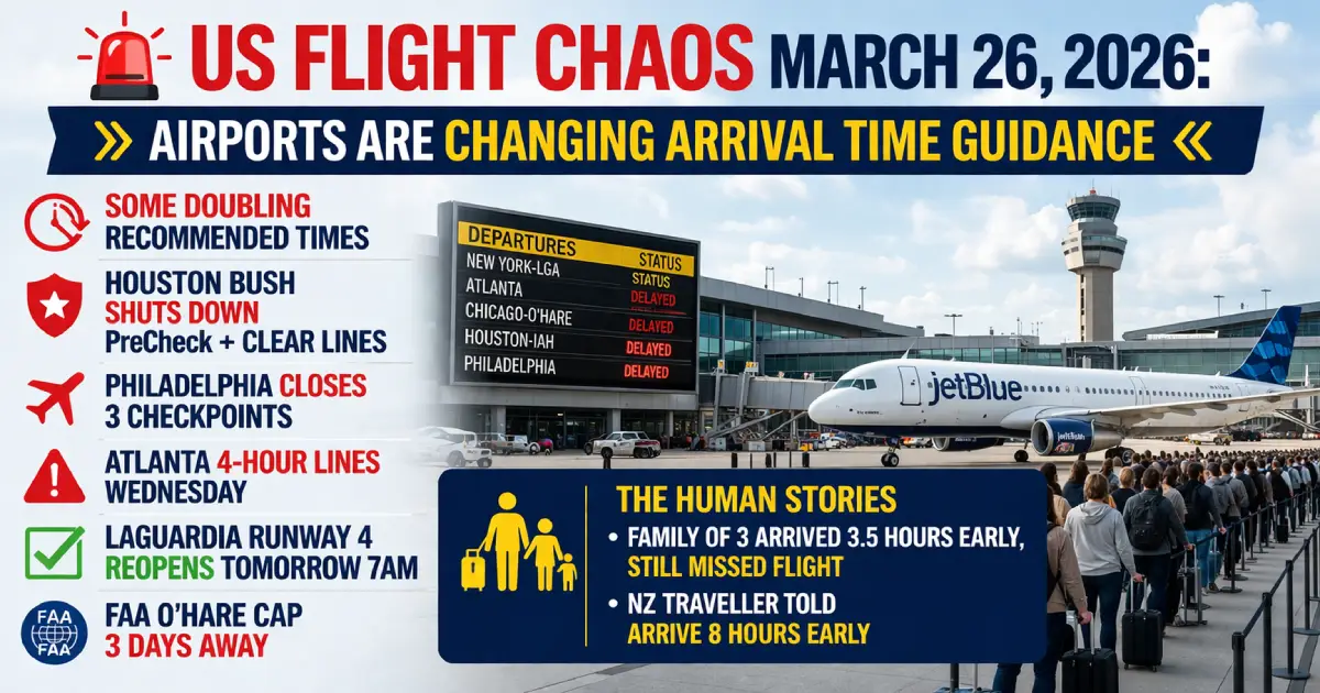 US Chaos Mar 26: Airports Double Arrival Times, IAH Shuts PreCheck