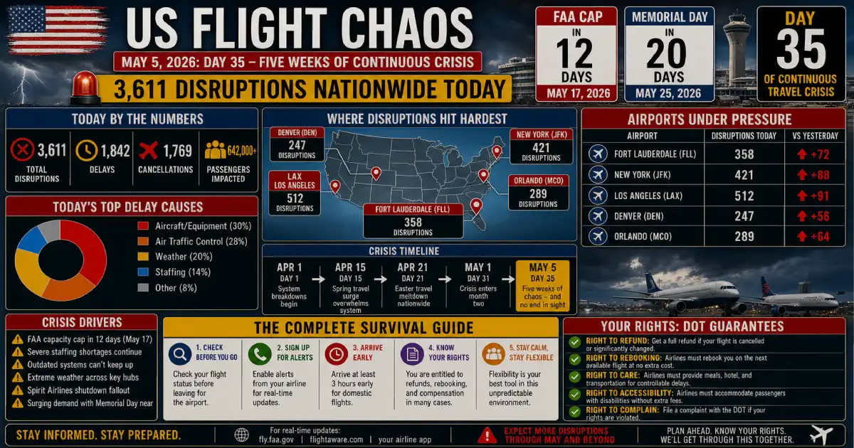 US Flight Chaos May 5: Day 35 — 3,611 Disruptions Nationwide