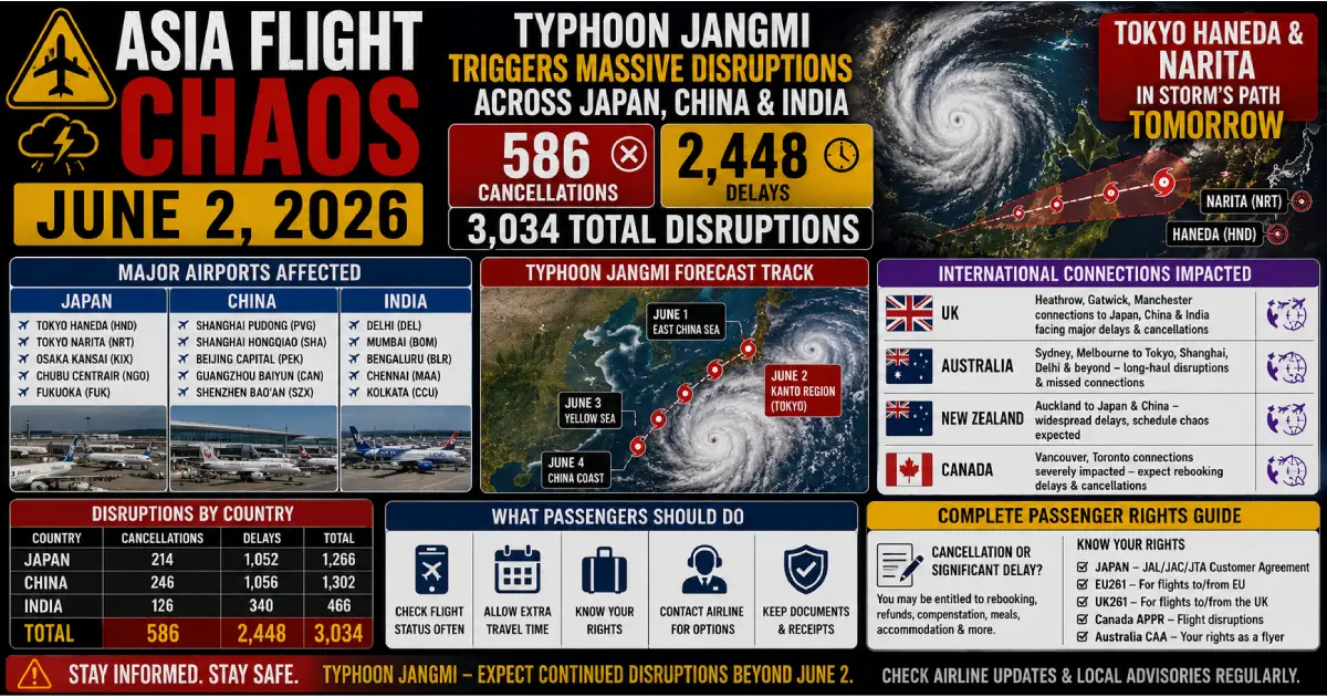 Asia Flight Chaos June 2: Typhoon Jangmi 3,034 Disruptions