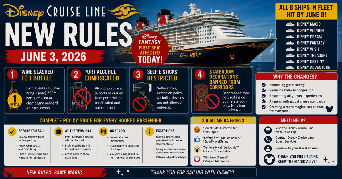 Disney Cruise New Rules June 3, 2026: Wine, Selfie Sticks